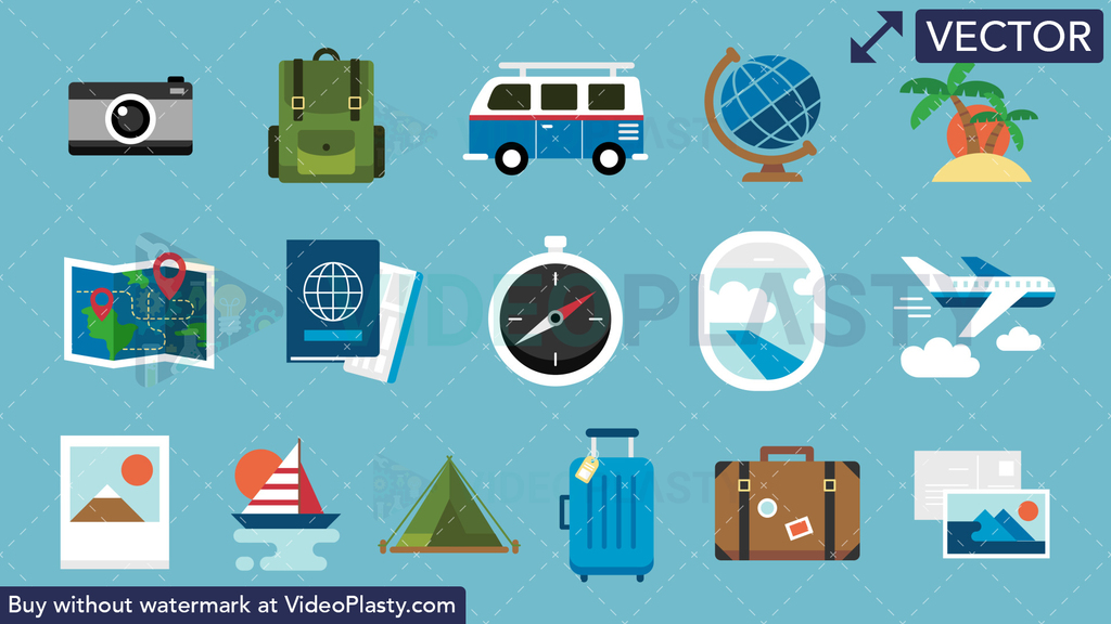 Travel Pack 16 Flat Icons [Vector Image Clipart] | VideoPlasty